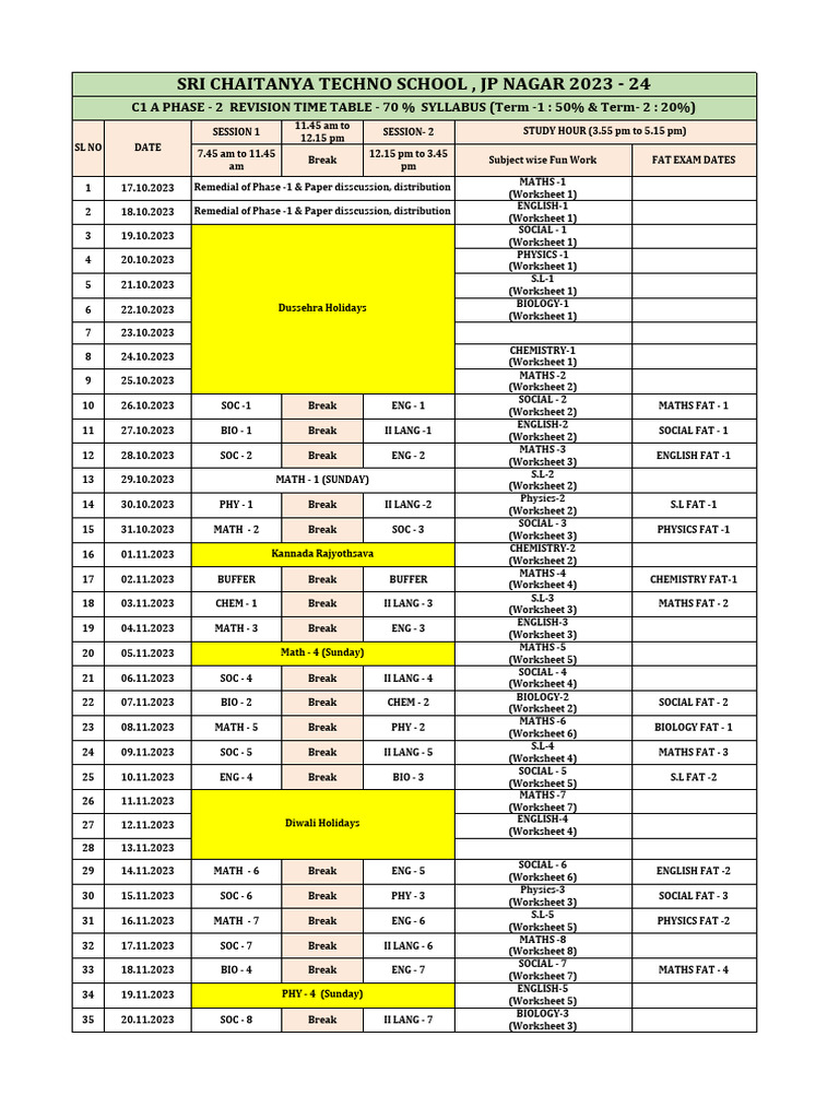 C1 A Cbse Phase 2 Session Time Table 2023-24 | PDF