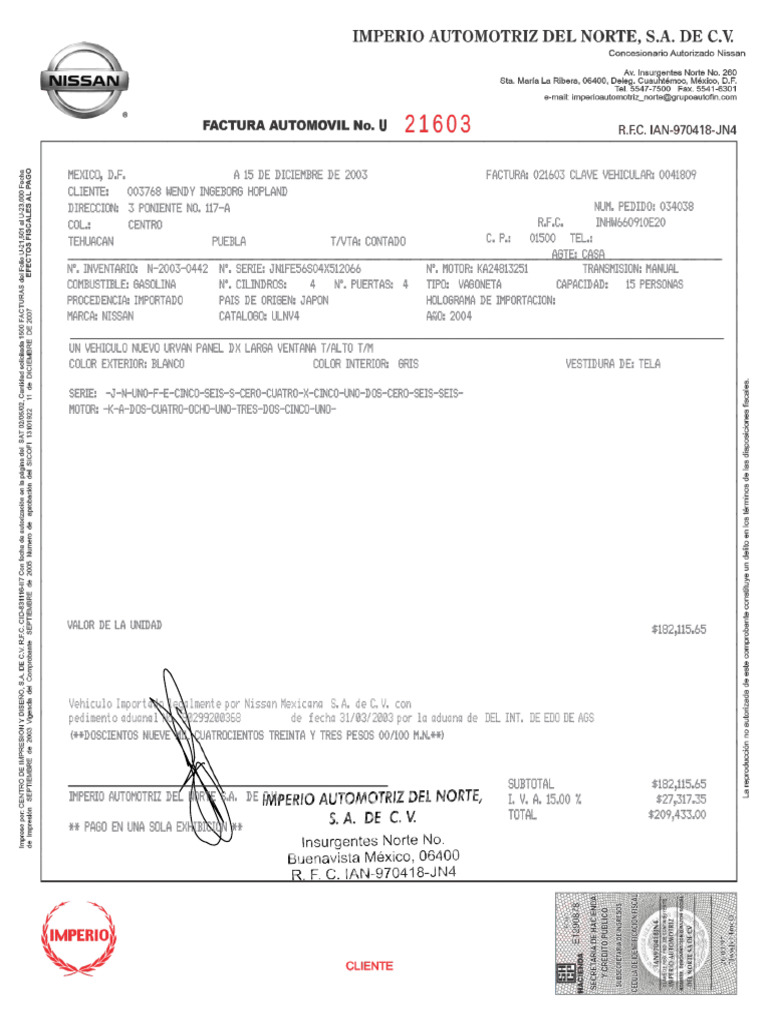 Imperio Automotriz Del Norte Urvan 2004 | PDF