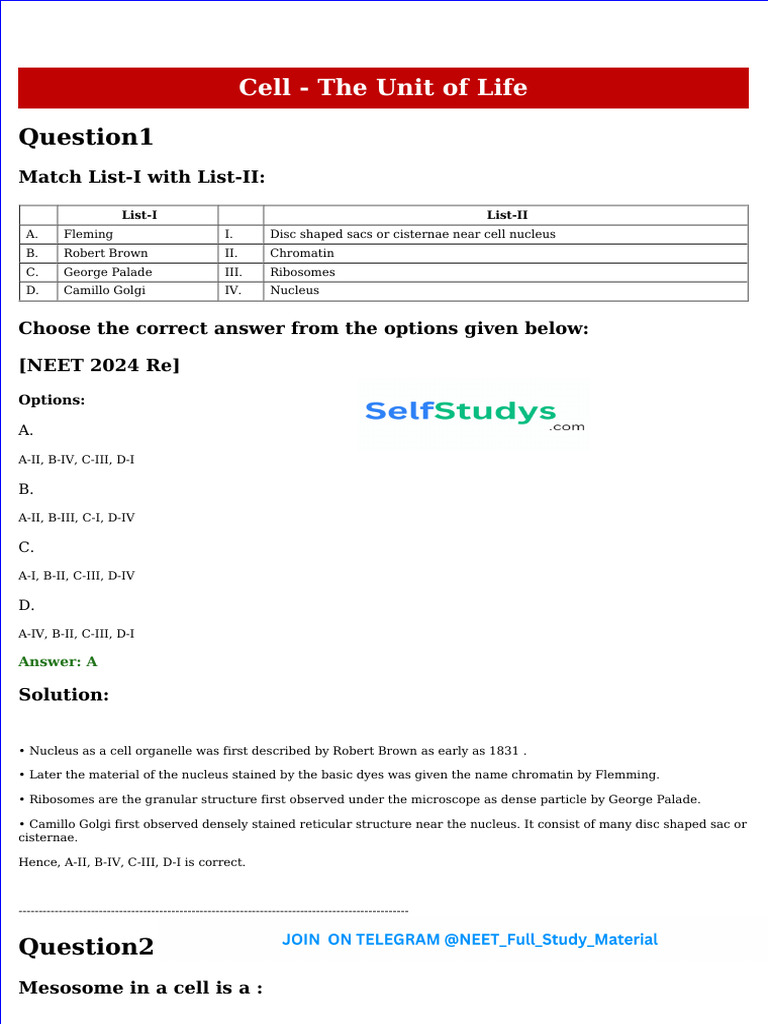 Cell - The Unit of Life Neet Pyq | PDF | Endoplasmic Reticulum | Meiosis