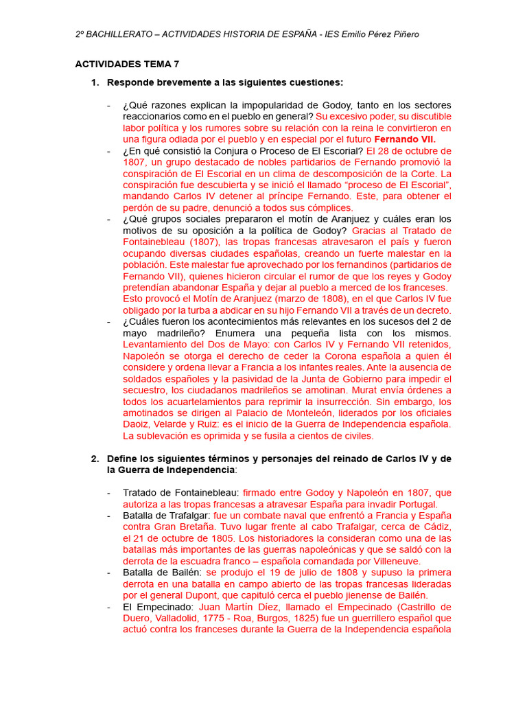 Actividades sobre la Guerra de Independencia | PDF | Guerra peninsular ...