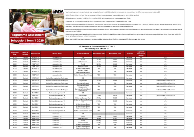 IIE MSA BM0701 Year 1 Programme Assessment Schedule 2025 V1 | PDF | Educational Assessment And ...
