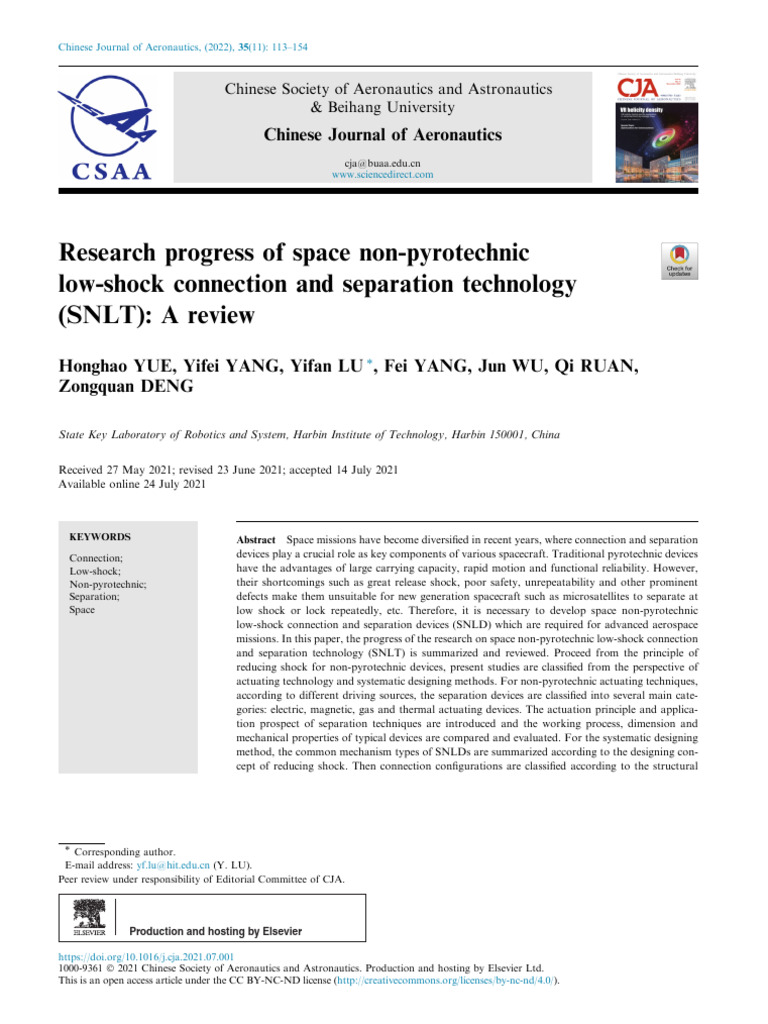 J - CJA - 2021 - Yue Et Al - Space Non-Pyrotechnic Low-Shock Connection ...