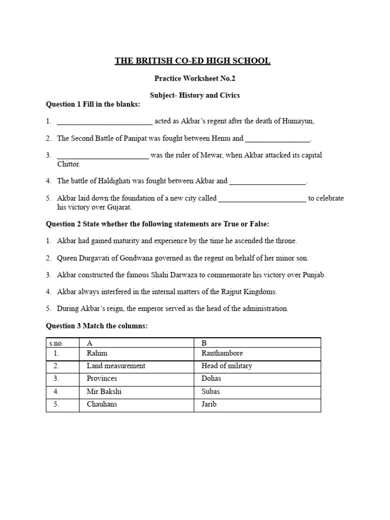 Akbar Practice Worksheet Vacations | PDF