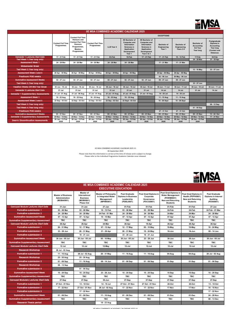 IIE MSA Academic Calendar 2025 | PDF | Academia | Higher Education