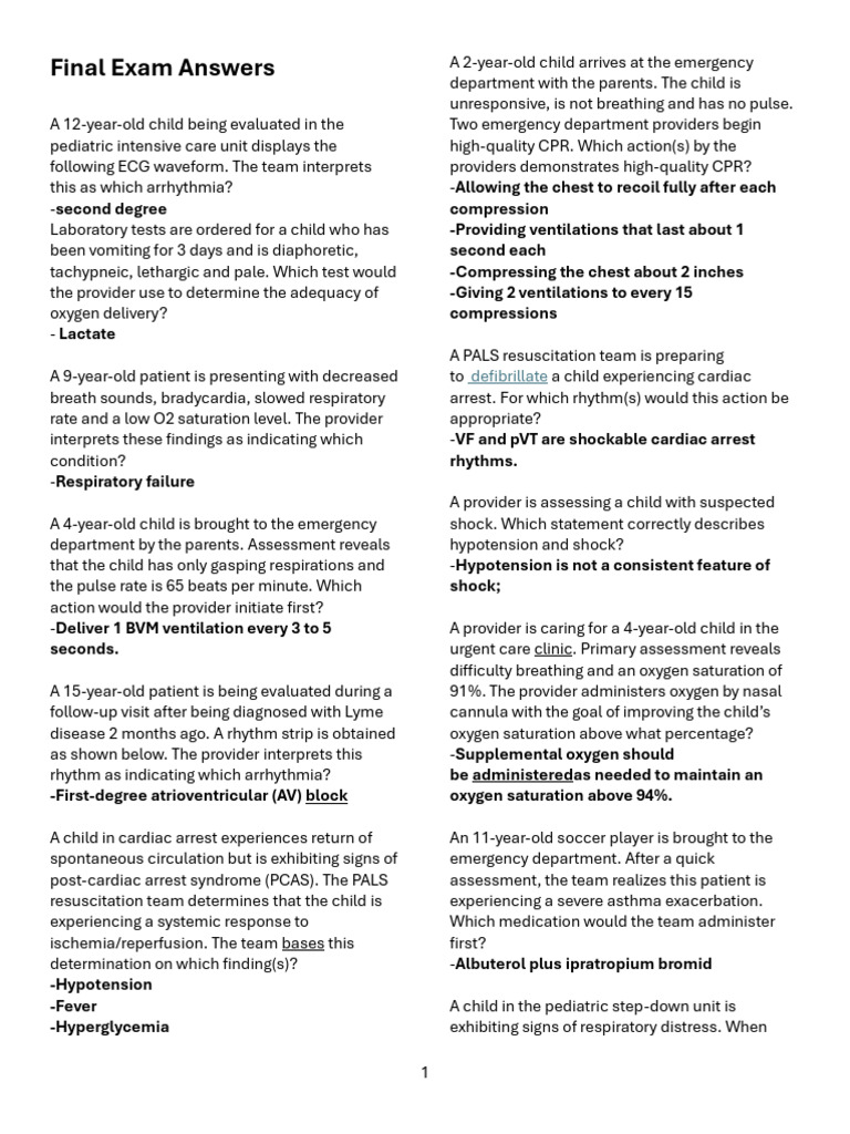 PALS Final Exam Answers | PDF | Cardiopulmonary Resuscitation | Cardiac ...