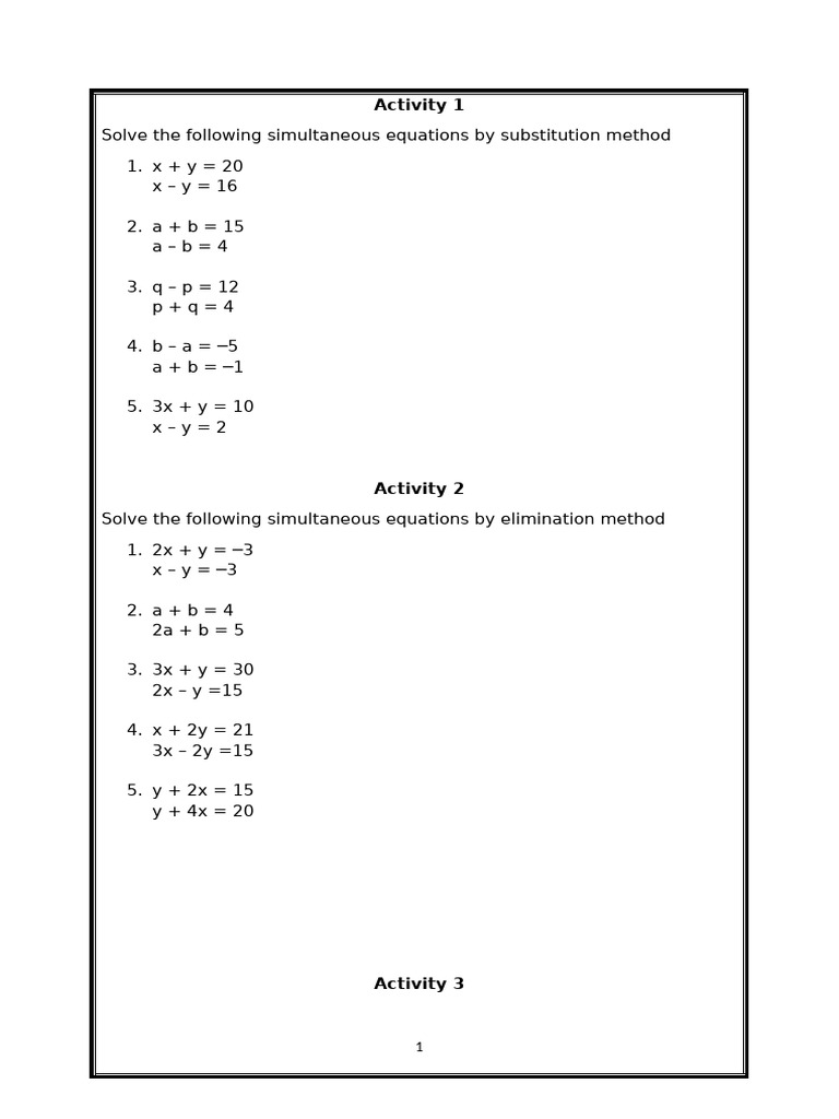 Simultaneous Eqns Activity Set 2 | PDF