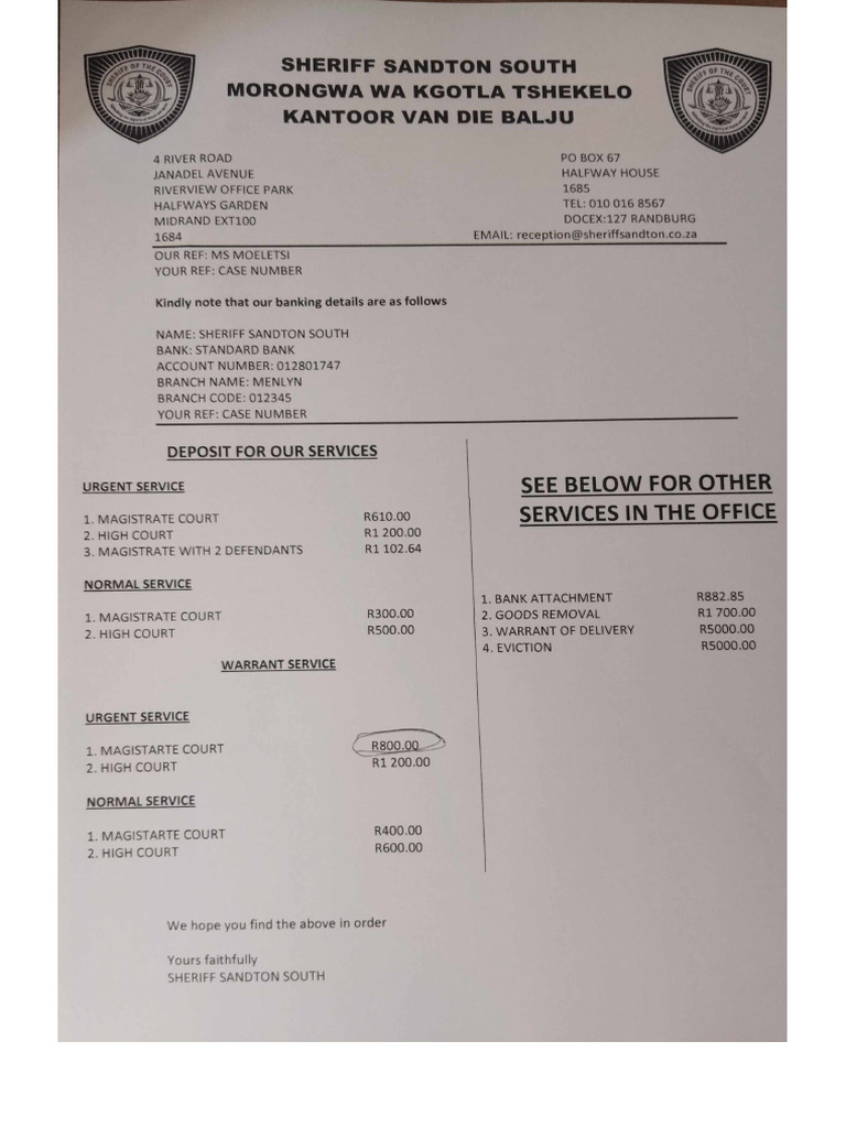 Sheriff Sandton South Fees. | PDF