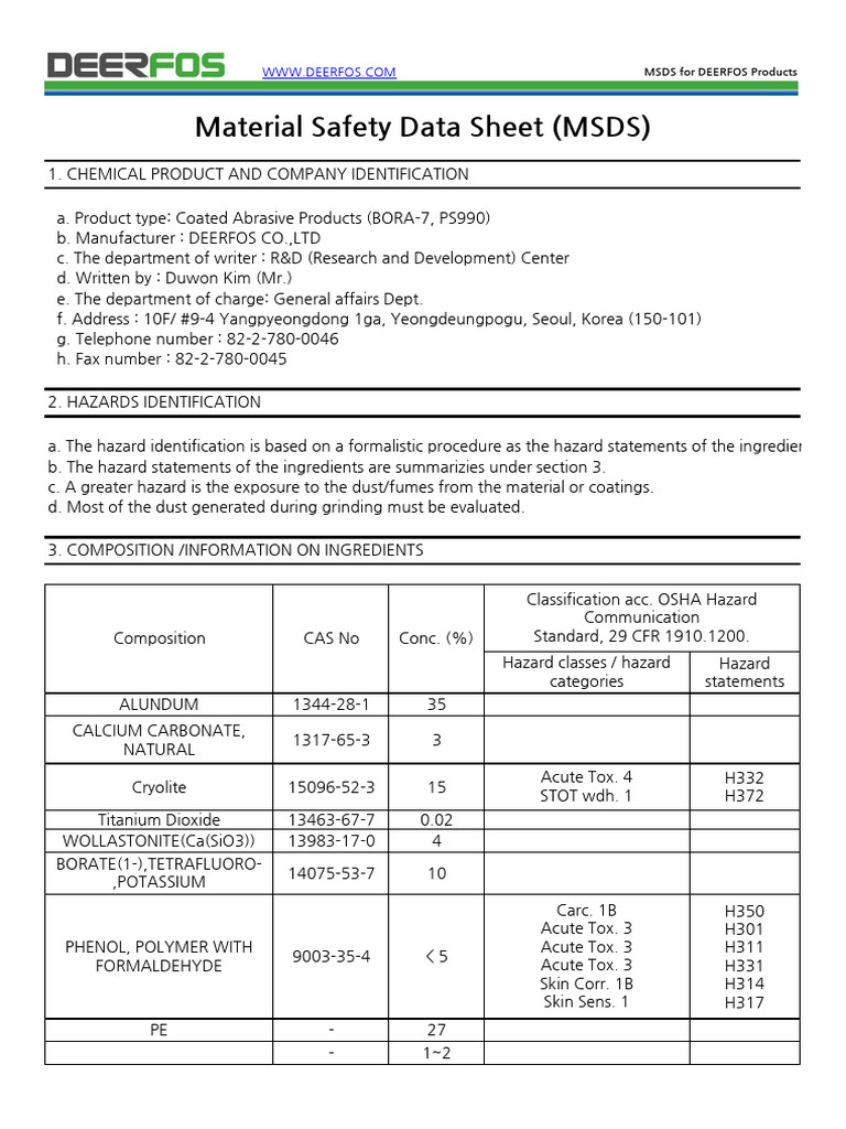 Bora-7 (PS990S), PS990 N MSDS Eng | PDF | Occupational Safety And ...