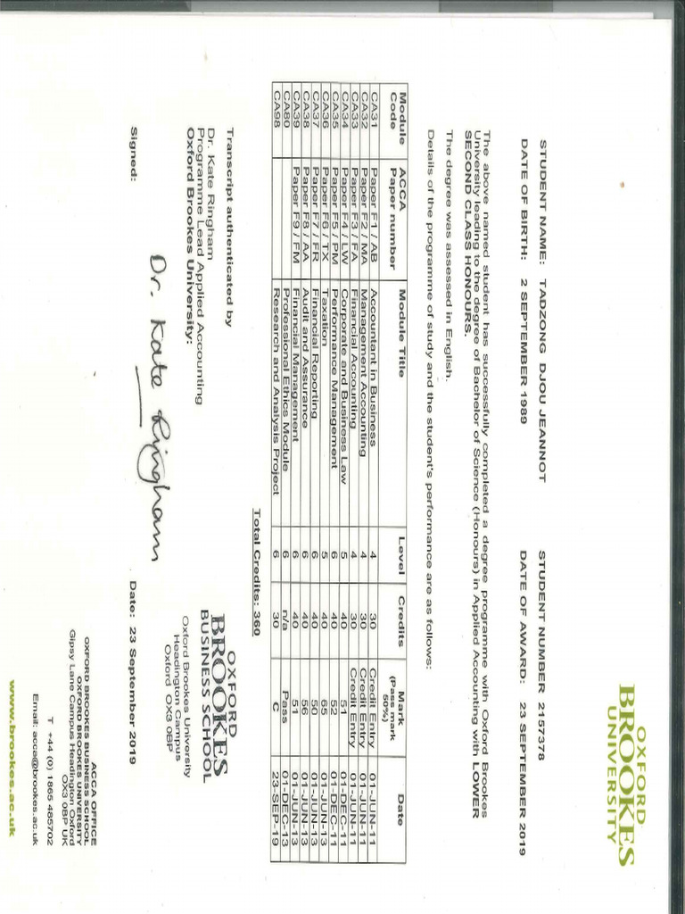 OBU Transcript - Tadzong Jeannot | PDF