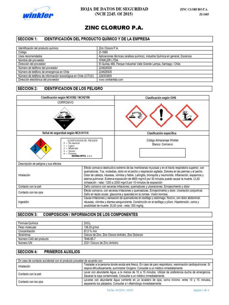 Hoja de Seguridad: Zinc Cloruro P.A. | PDF | Agua | Corrosión