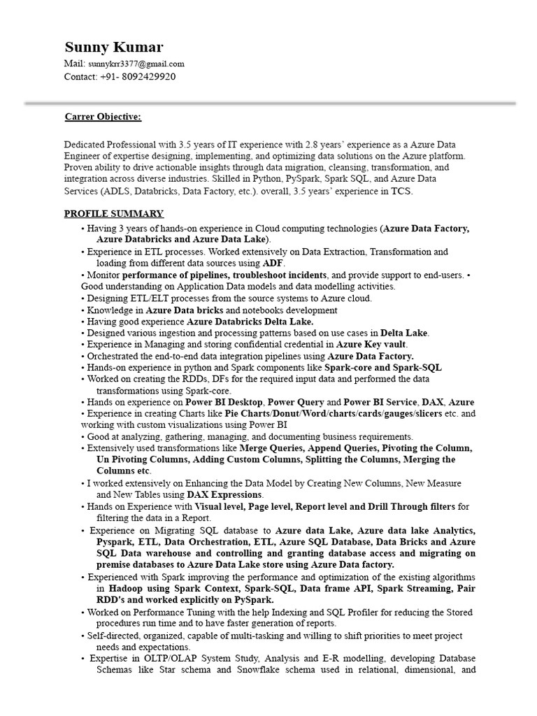 Sunny Kumar-Data Engineer | PDF | Databases | Apache Spark