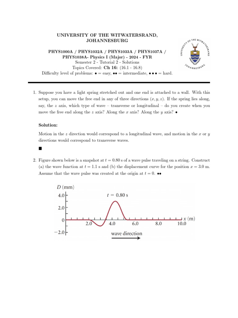 Physics I Tutorial 2 Solutions 2024 | PDF | Waves | Wavelength