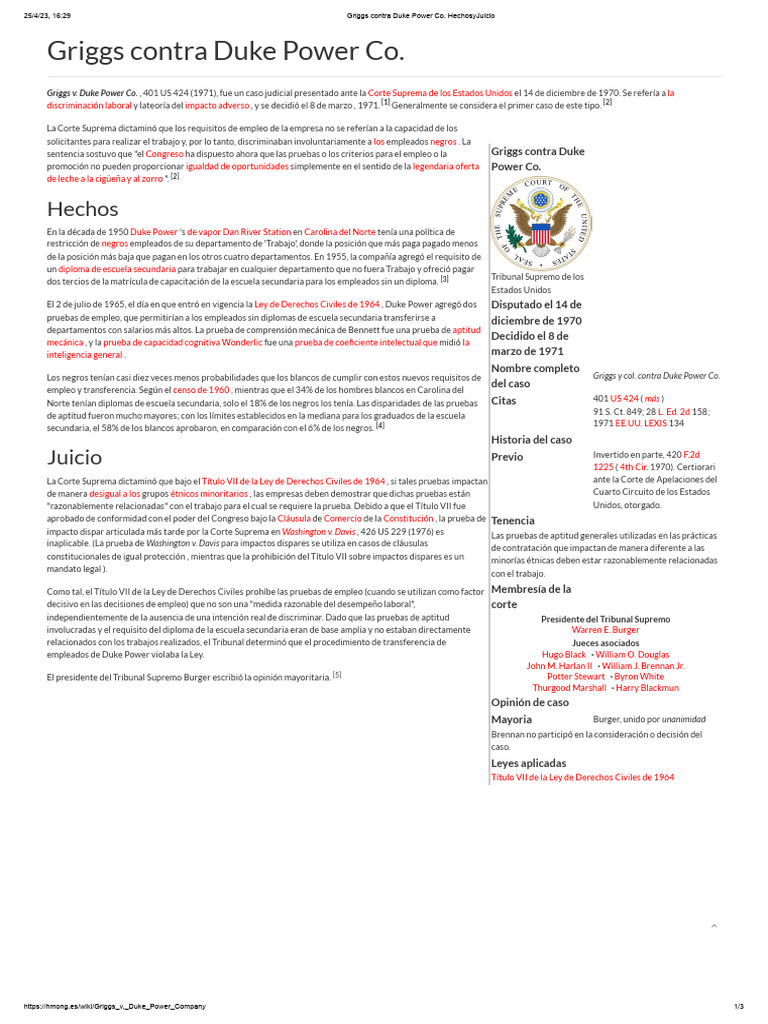 Griggs v. Duke Power: Discriminación Laboral | PDF | Discriminación ...