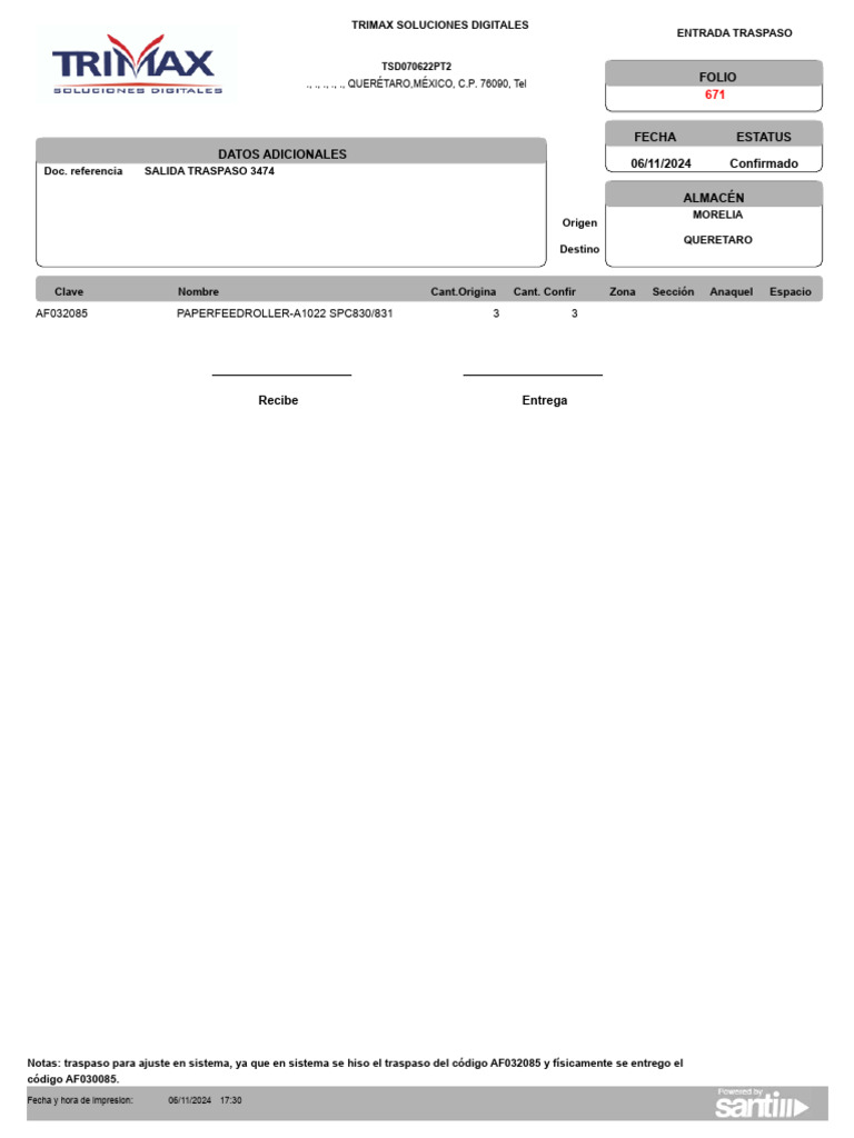 Traspaso de Inventario Confirmado | PDF