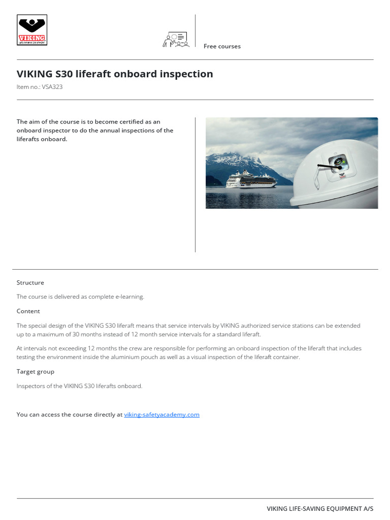 VSA323 - VIKING S30 Liferaft Onboard Inspection | PDF