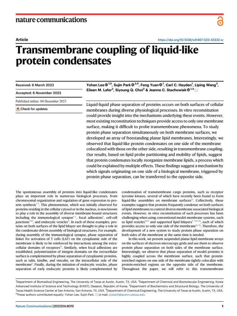 Transmembrane Coupling of Liquid-Like Protien Condensates | PDF | Cell ...