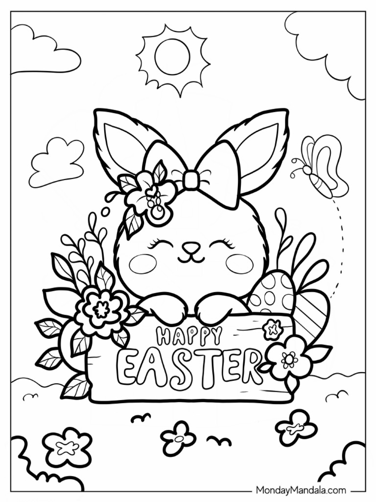Smiling Bunny Holding Happy Easter Sign Coloring Page For Kids | PDF