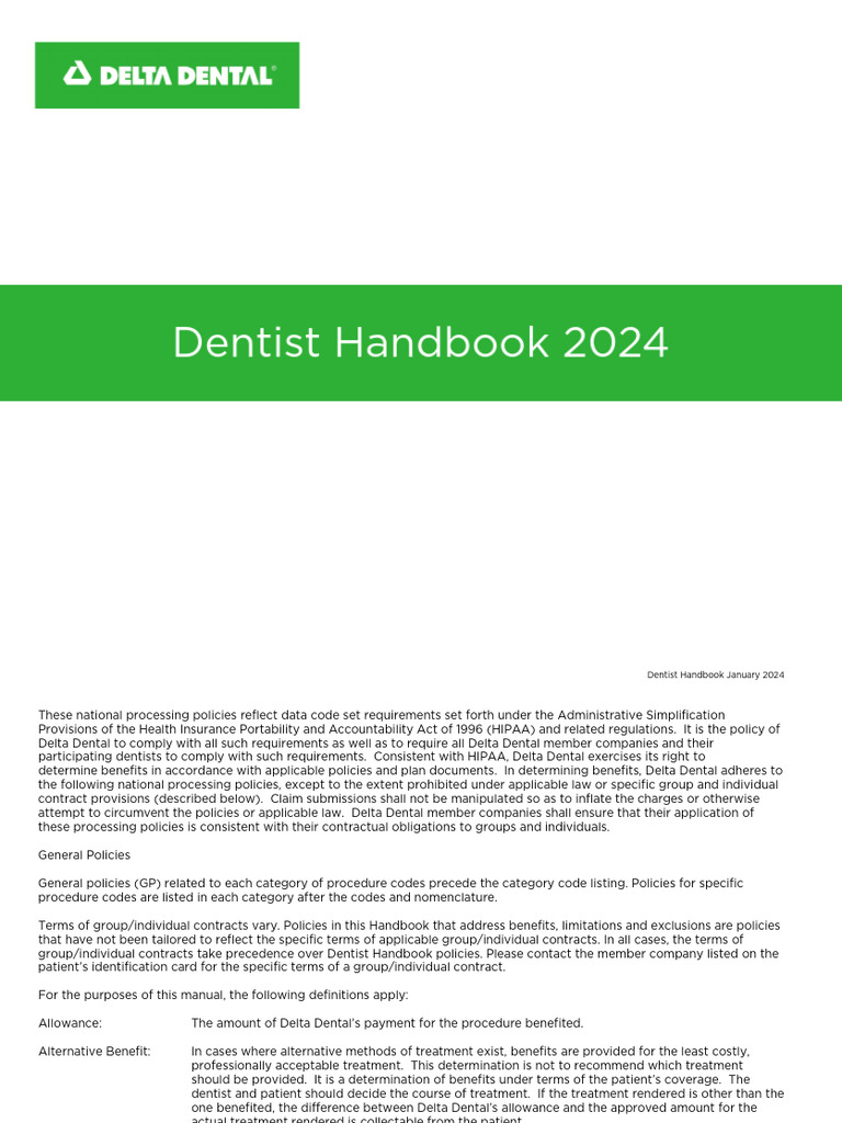 Delta Dental Dentist Handbook 2024 | PDF | Periodontology | Dentistry