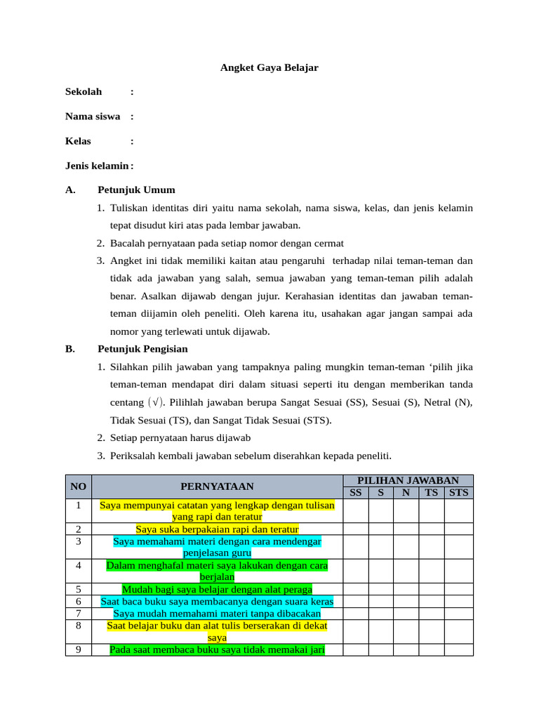 Angket Gaya Belajar Peneliti | PDF
