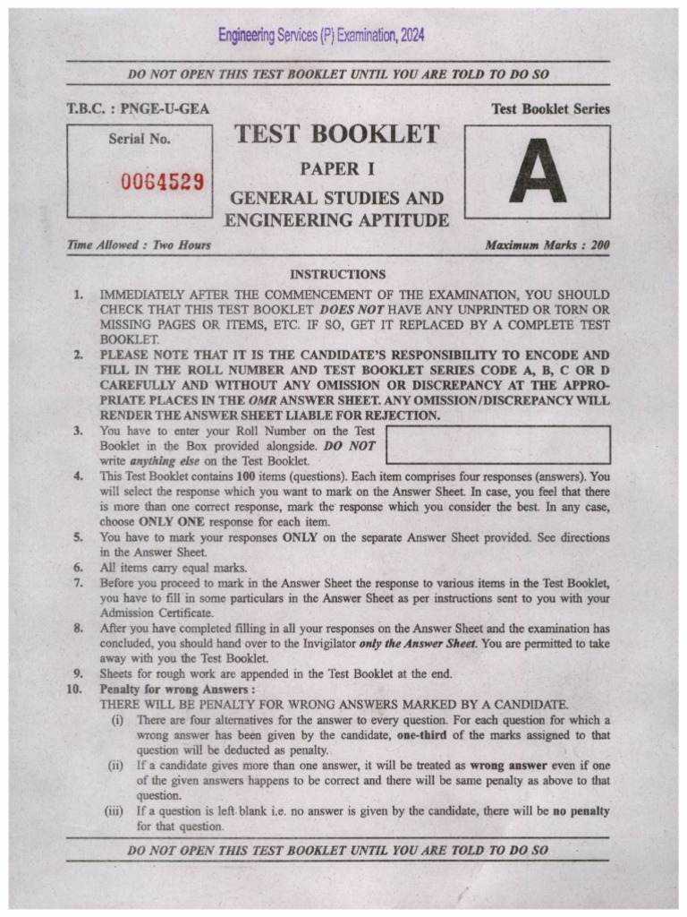 QP EnggServcPrelExam 24 GENERAL STUDIES AND ENGINEERING APTITUDE | PDF