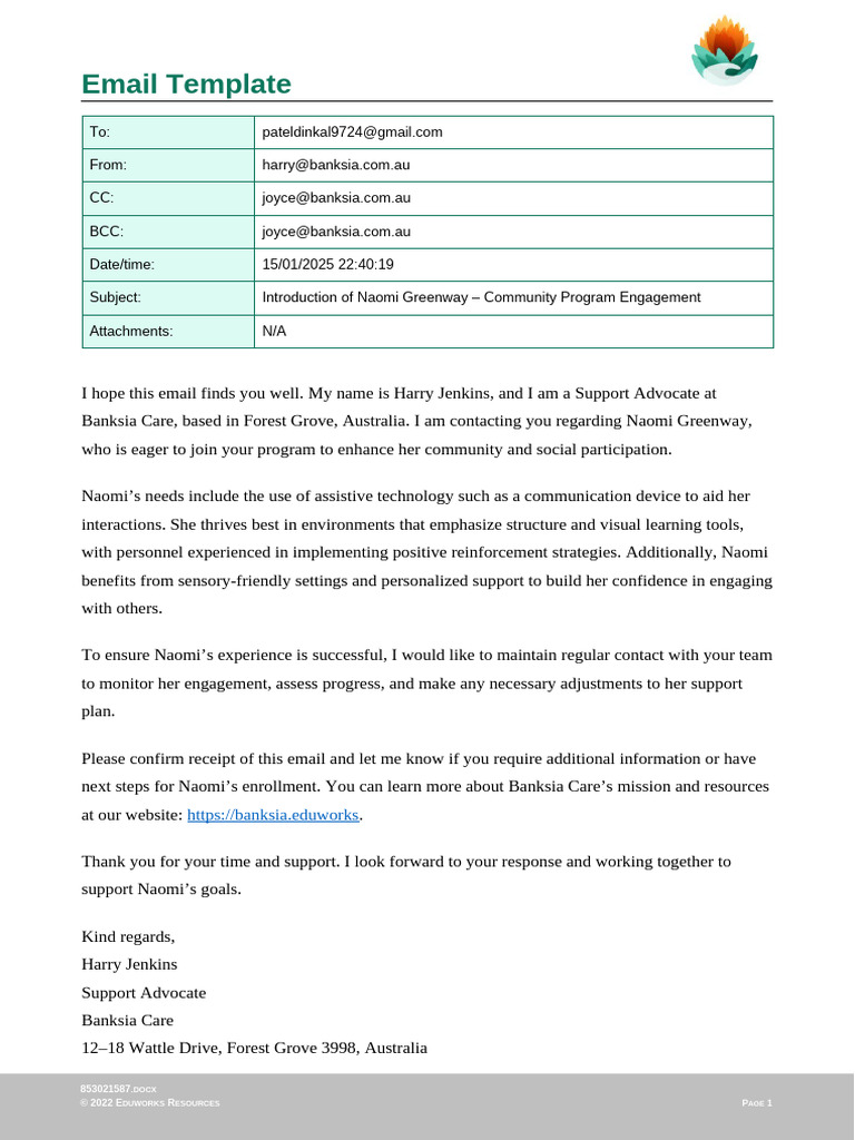 Introduction of Naomi Greenway for Support | PDF