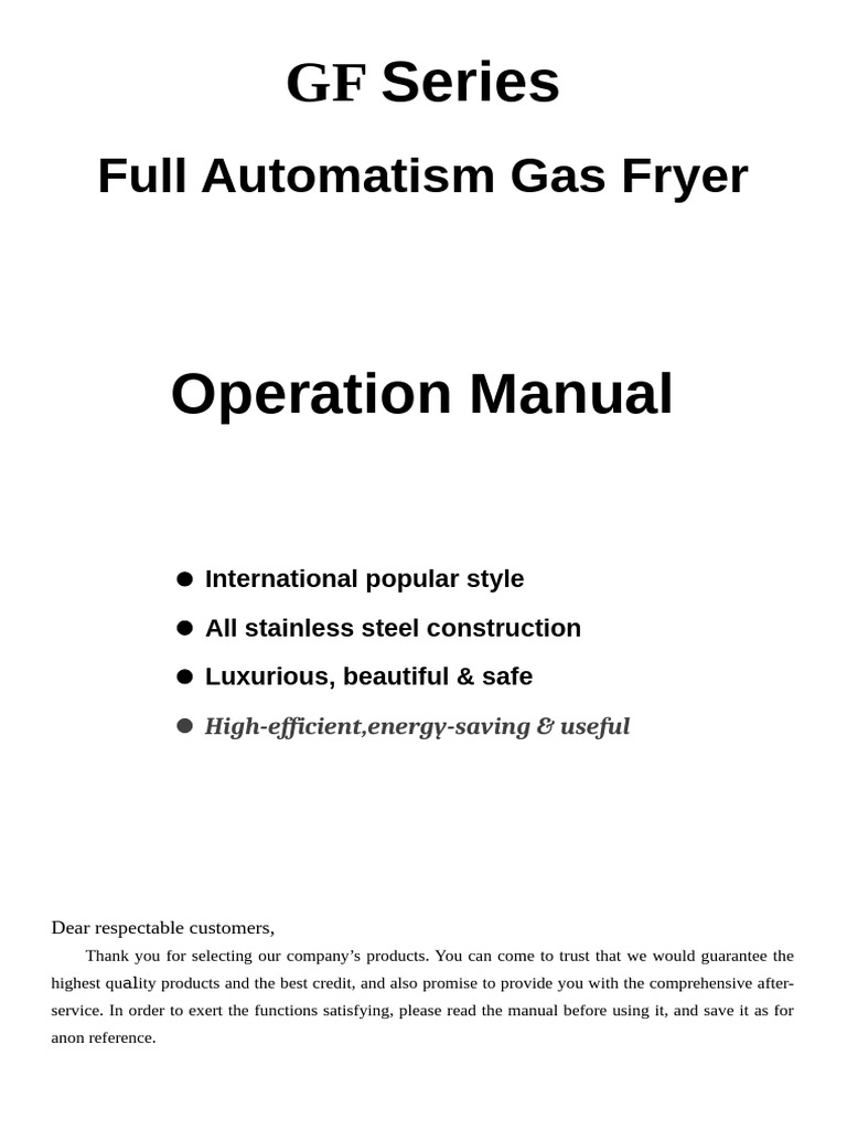 Full Automatism Gas Fryer Manual | PDF | Combustion | Valve