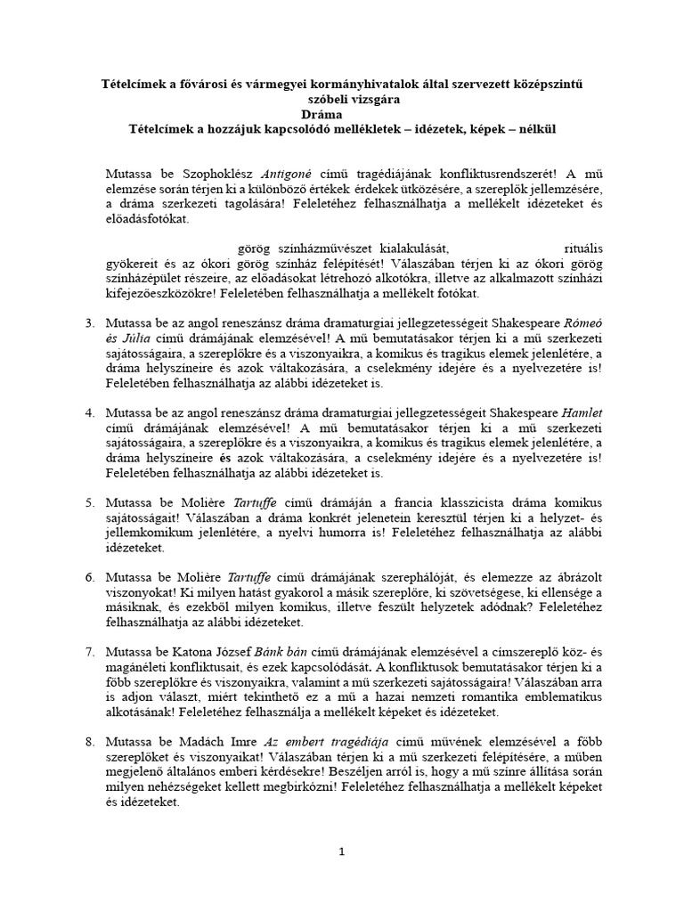 Drama KH Kozep Szobeli Tetelek 2025maj | PDF