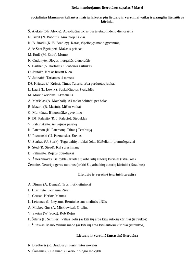 Literat Sarasas 7kl Naujas | PDF