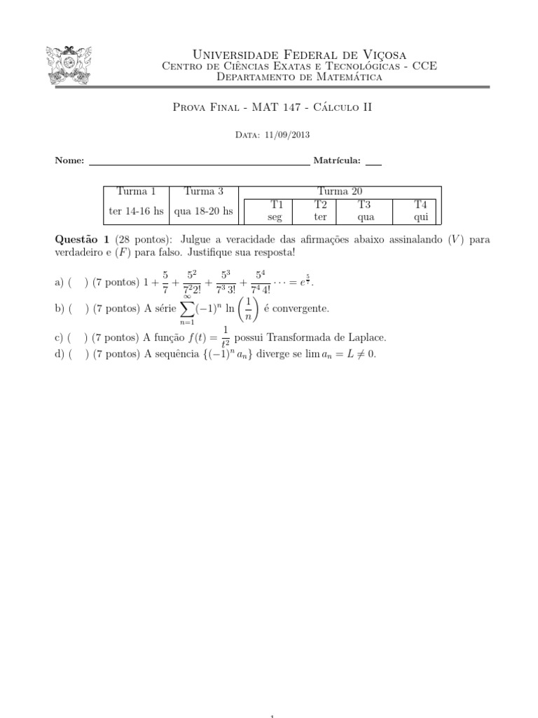 PROVA FINAL MAT 147 - UFV | PDF | Sequência | Analise matemática