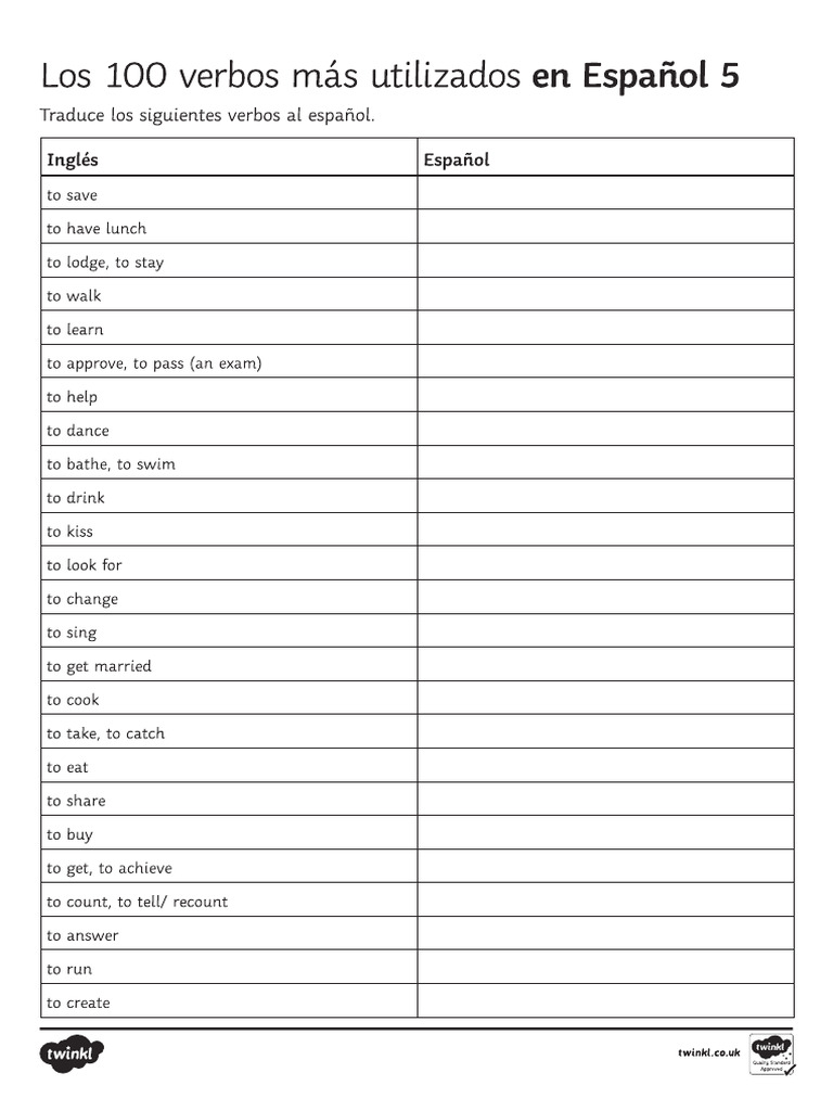 100 High Frequency Verbs 5 Worksheet Spanish | PDF