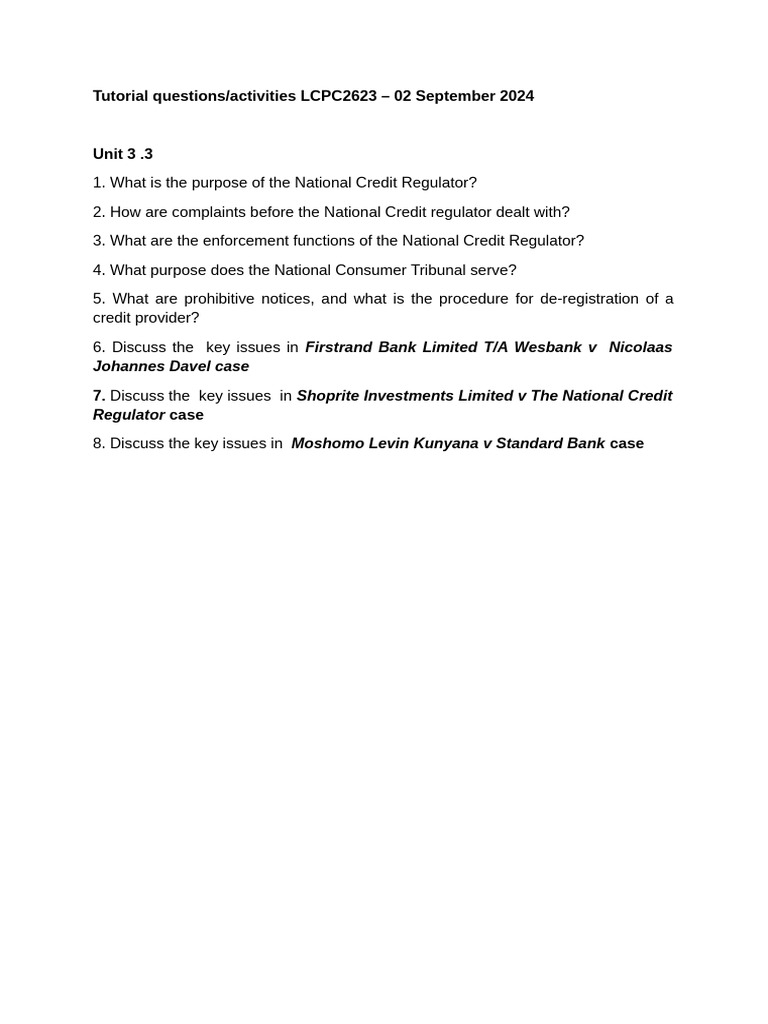 LCPC 2623 - Unit 3 Tutorial Questions - Activities For 02 September 2024 | PDF