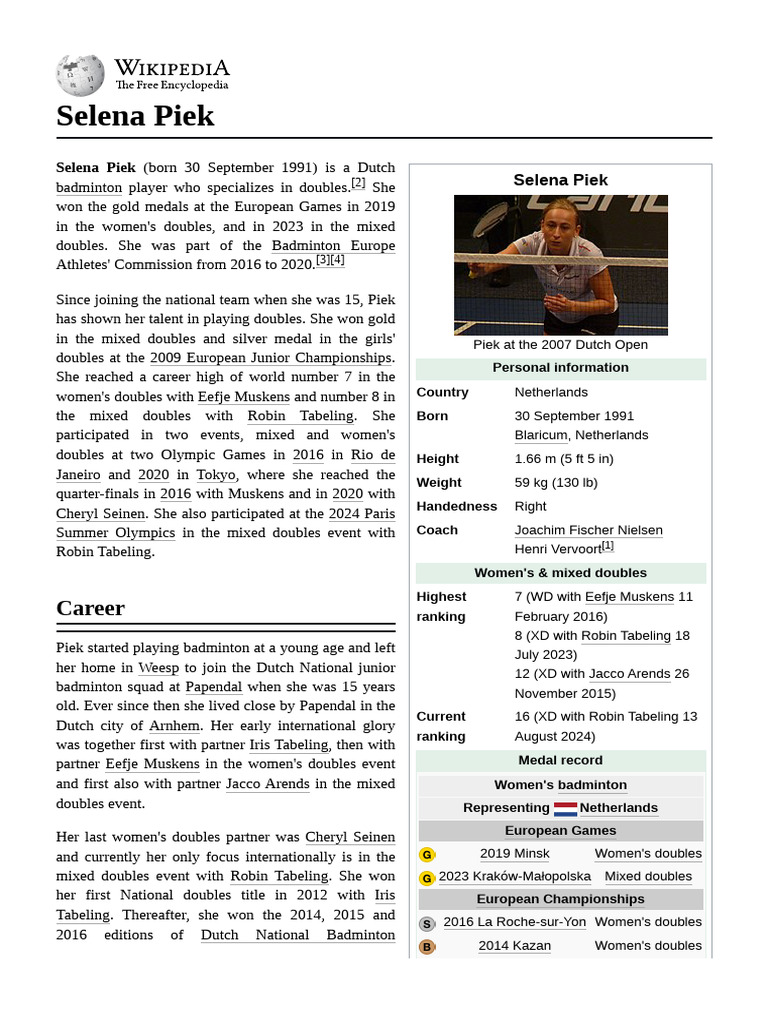 Selena Piek: Badminton Achievements | PDF | Summer Olympic Games