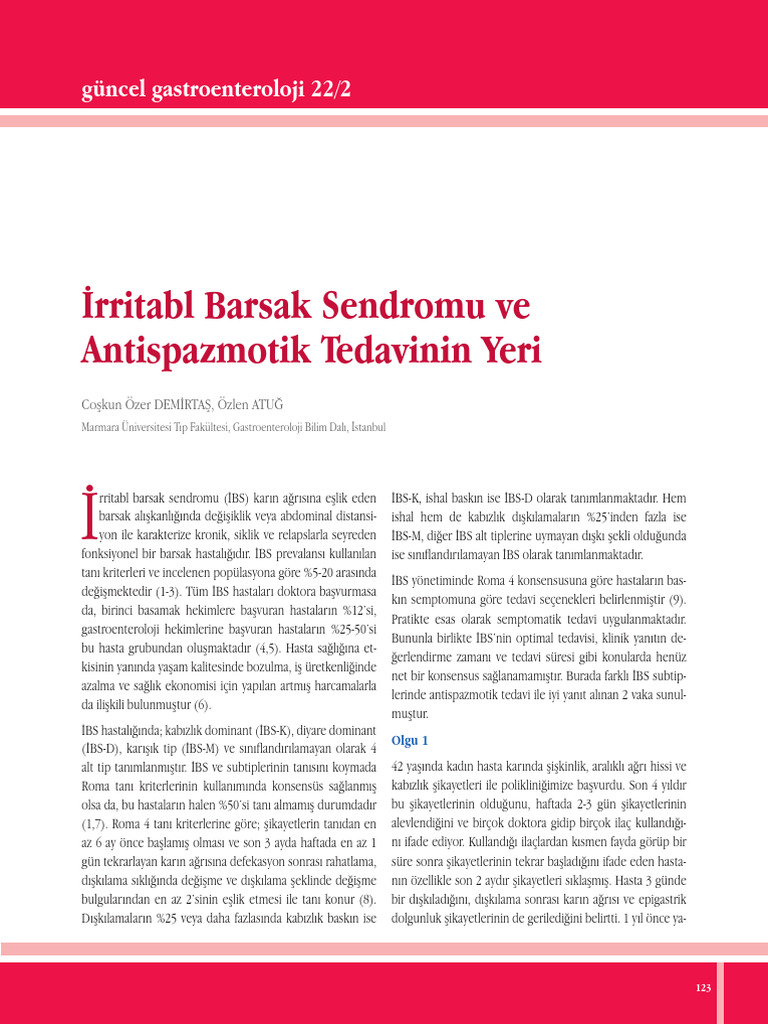 İrritabl Barsak Sendromu Ve Antispazmotik Tedavinin Yeri: Güncel ...