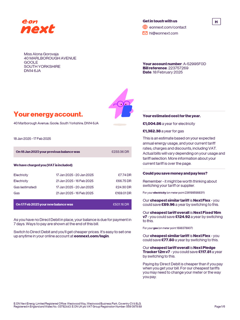 E.ON Next Energy Bill Summary 2025 | PDF