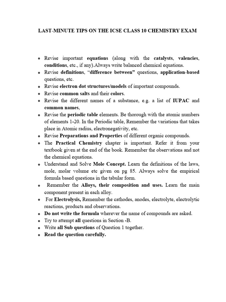 Last-Minute Tips Chemistry Exam | PDF
