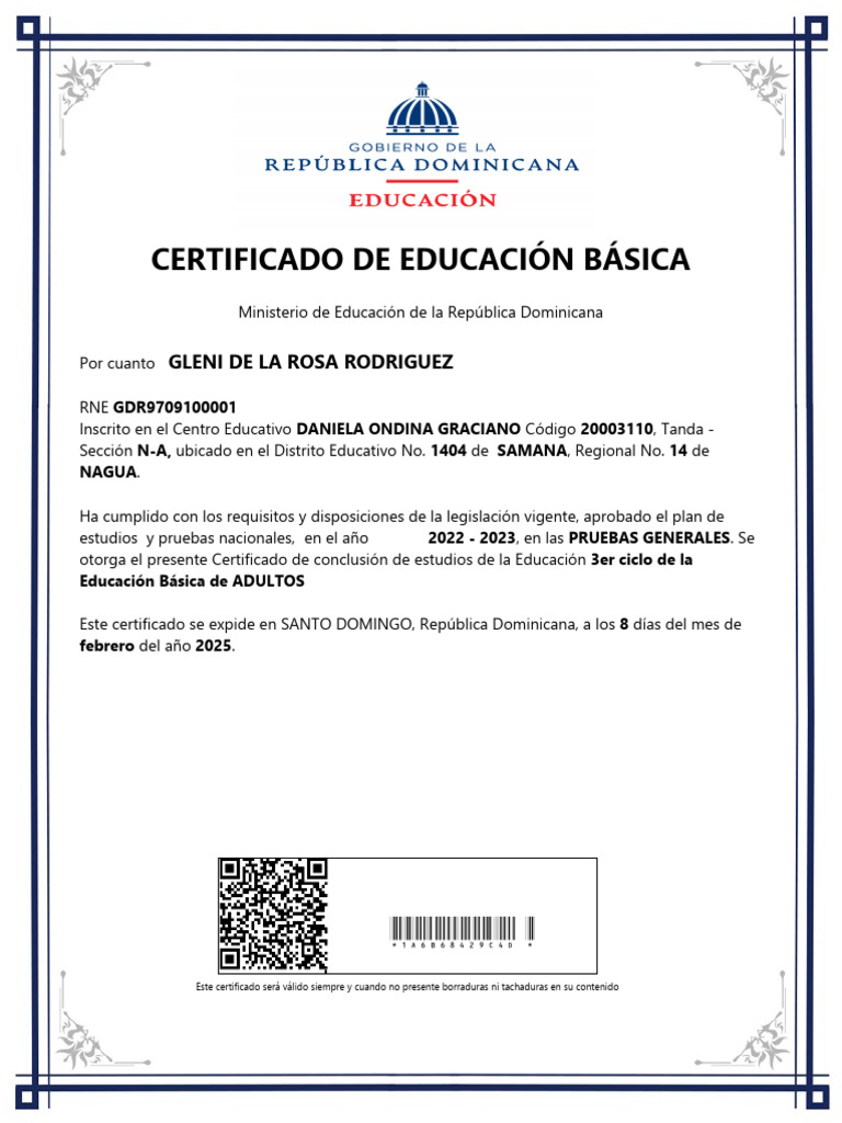 Certificado de Educación Básica 2025 | PDF