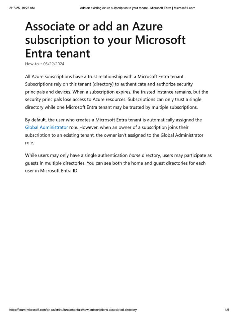 Associate or Add An Azure Subscription To Your Microsoft Entra Tenant | PDF