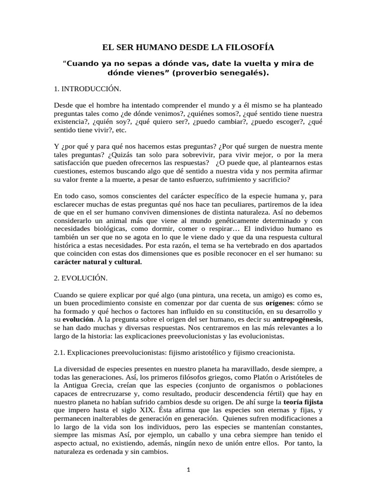 Tema 3 El Ser Humano Desde La Filosofía. | PDF | Evolución | Humano