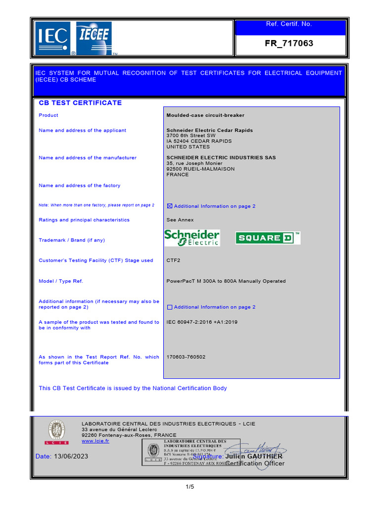 Certificado Iec 300 A 800 Amperes | PDF | Mains Electricity ...