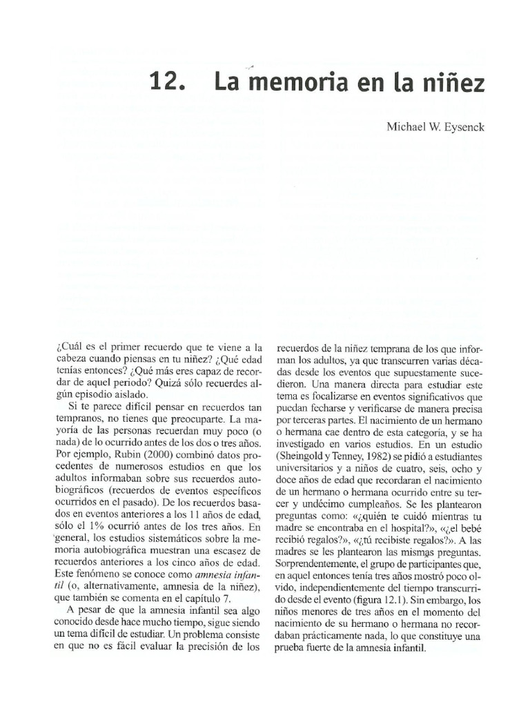 Tema 4 - Baddeley 2009 - Cap 12 - Memoria en La Niñez | PDF