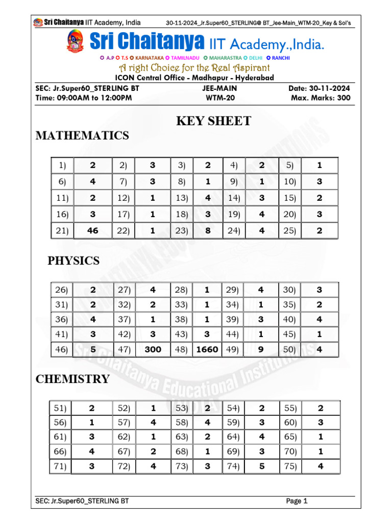 30-11-24 Jr.super60 Sterling Bt Jee-main Wtm-20 Key & Sol's | PDF ...