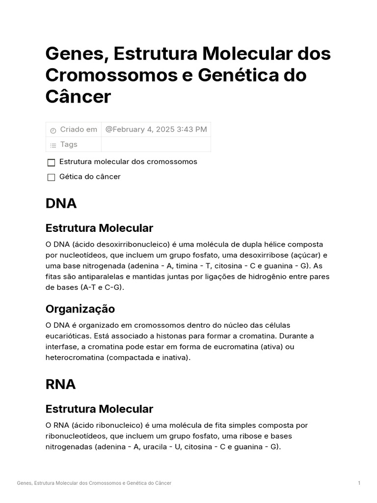 Genes Estrutura Molecular Dos Cromossomos e Gentica Do Cncer | PDF | RNA | Gene