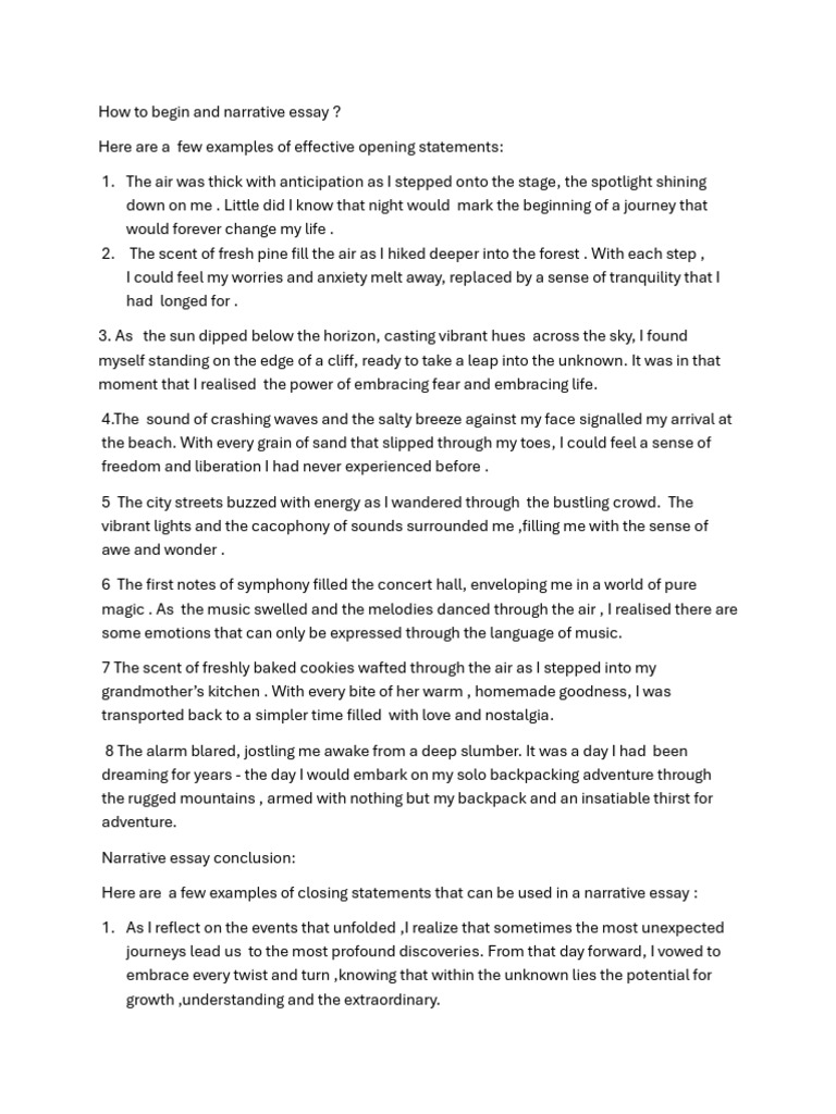 Narrative essay - Opening & Closing statement | PDF