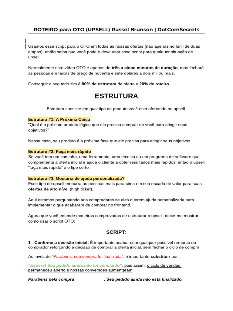 ROTEIRO para OTO (UPSELL) Russel Brunson - DotComSecrets | PDF