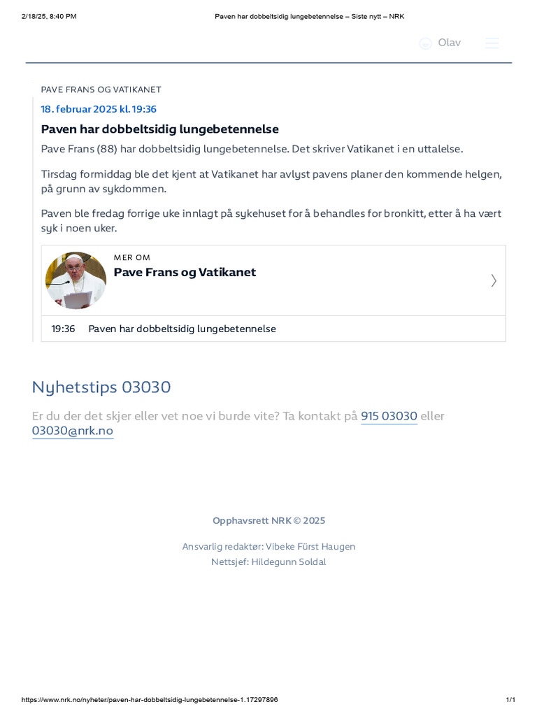 Paven Har Dobbeltsidig Lungebetennelse - Siste Nytt - NRK | PDF