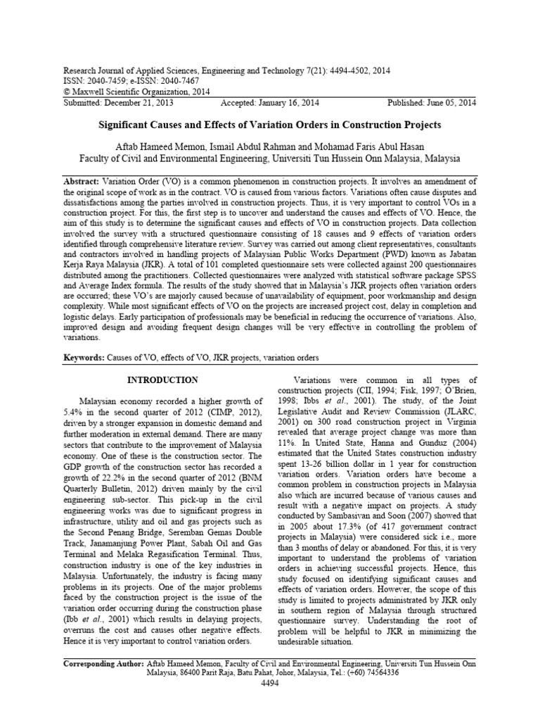 Causes and Effects of Variation Orders in Construction | PDF ...