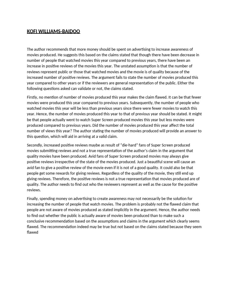 GRE Argument Task 1 - KOFI - WILLIAMS - BAIDOO | PDF | Argument | Cognition