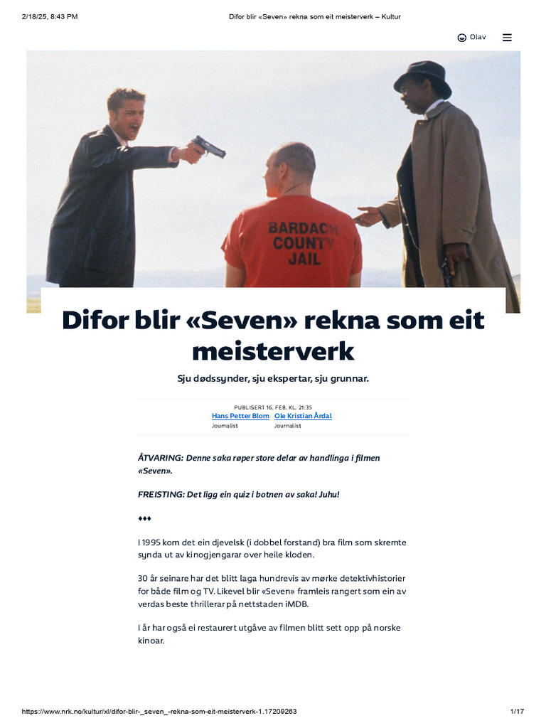 Difor blir «Seven» rekna som eit meisterverk – Kultur | PDF