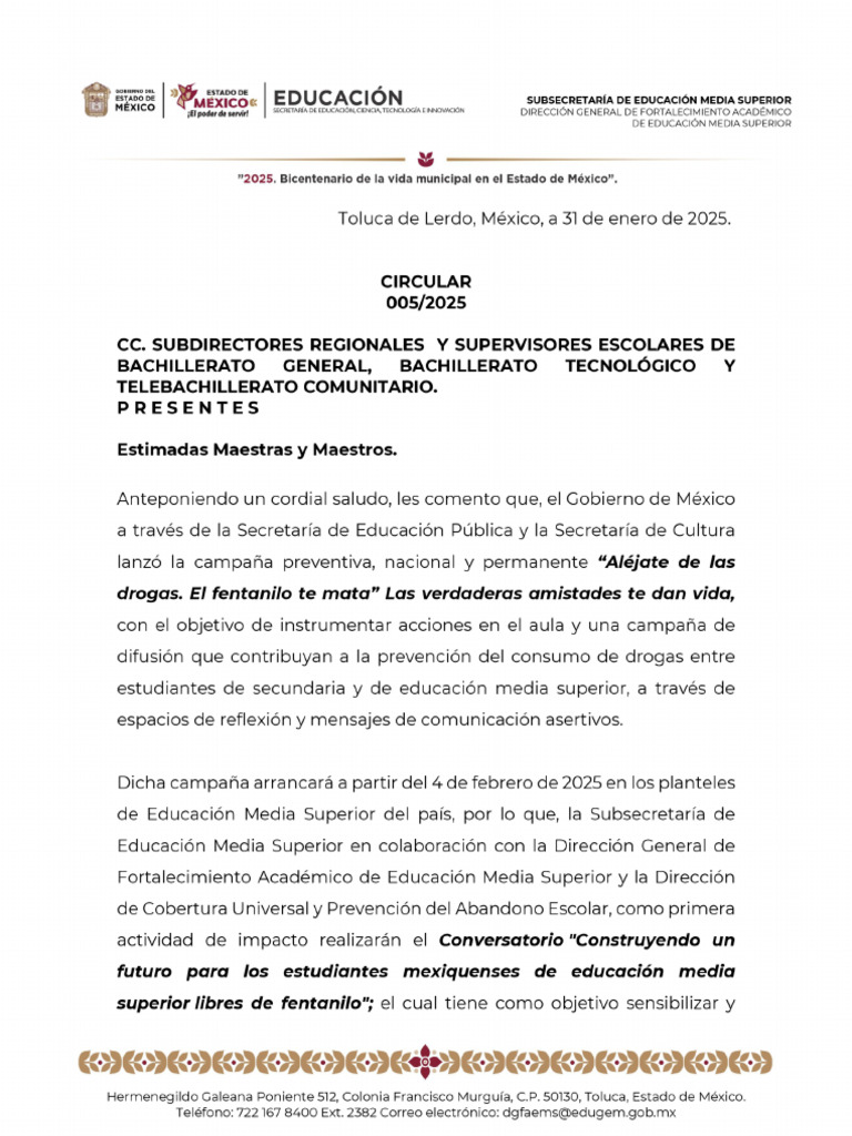 DGFAEMS - Circular 005 Campaña Aléjate de Las Drogas | PDF
