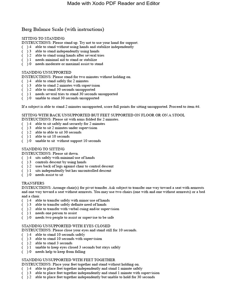 Berg Balance Scale With Instructions | PDF | Chair | Foot